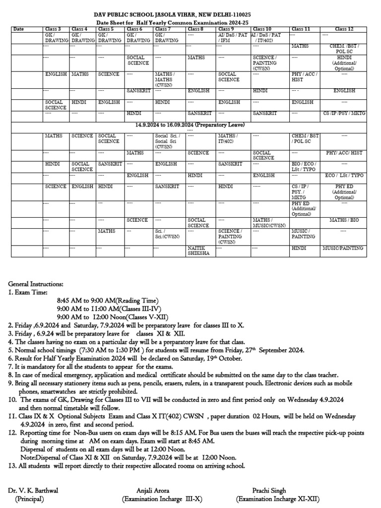 Term 1 Date Sheet (2024-25) Final | PDF