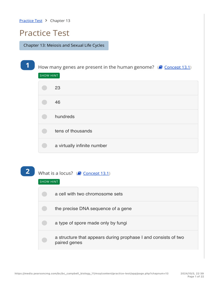 Practice Test - Chapter 13 - Urry Et Al., Campbell Biology, 11-E | PDF ...