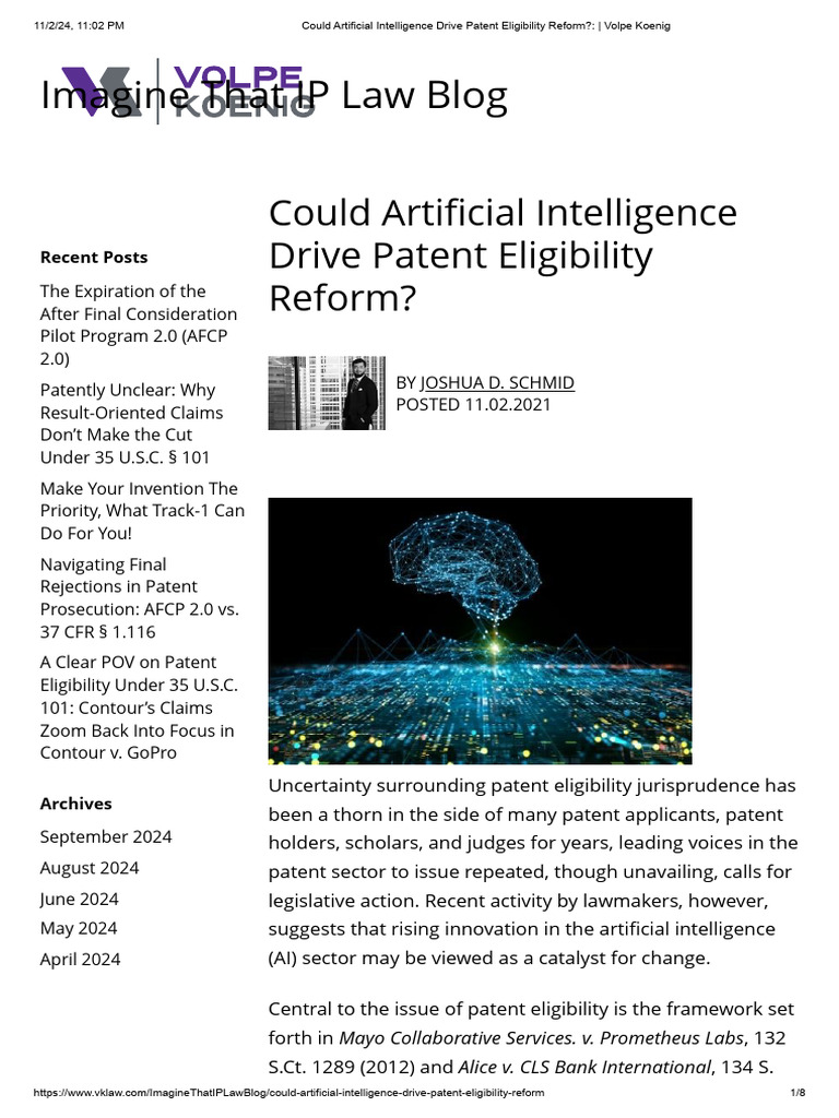 Could Artificial Intelligence Drive Patent Eligibility Reform - Volpe Koenig | PDF | Artificial ...