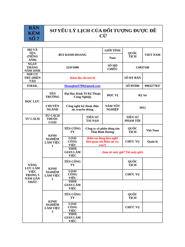 이력서-1 (TV) SYLL E7 - Danh Hoang | PDF