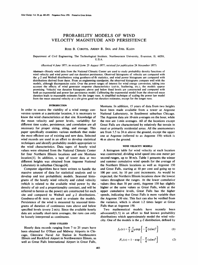 Probability Models of Wind Velocity Magnitude and Persisten - 1978 ...