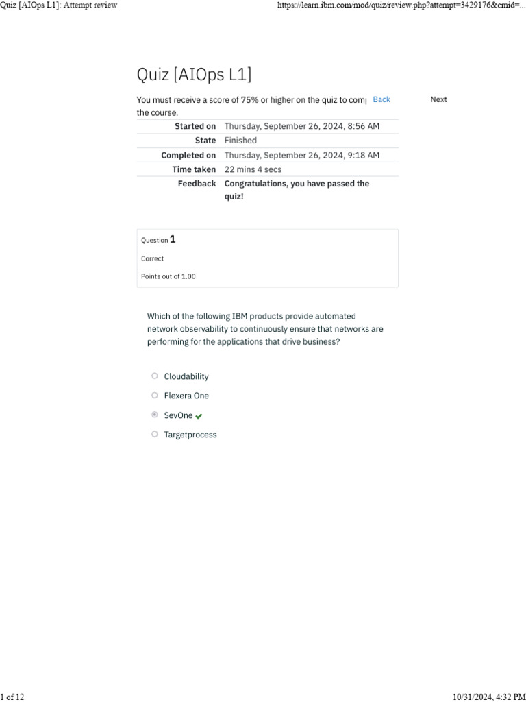 Quiz (AIOps L1) - Attempt Review | PDF | Cloud Computing | Reliability Engineering