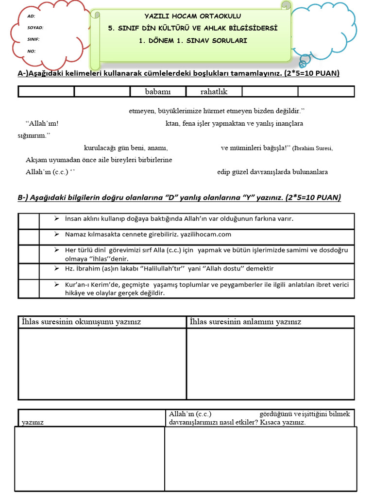 5.sinif Dkab 1.dönem 1.yazili Sorulari-2 | PDF