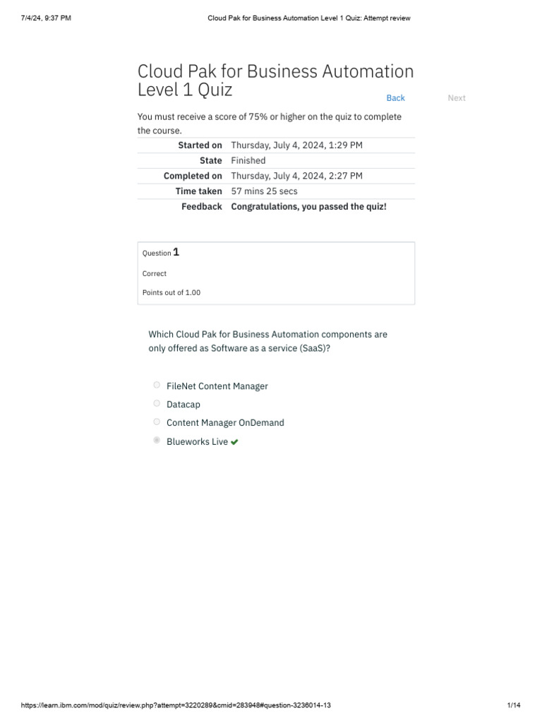 Cloud Pak Business Automation Level 1 Quiz | PDF | Internal Rate Of ...