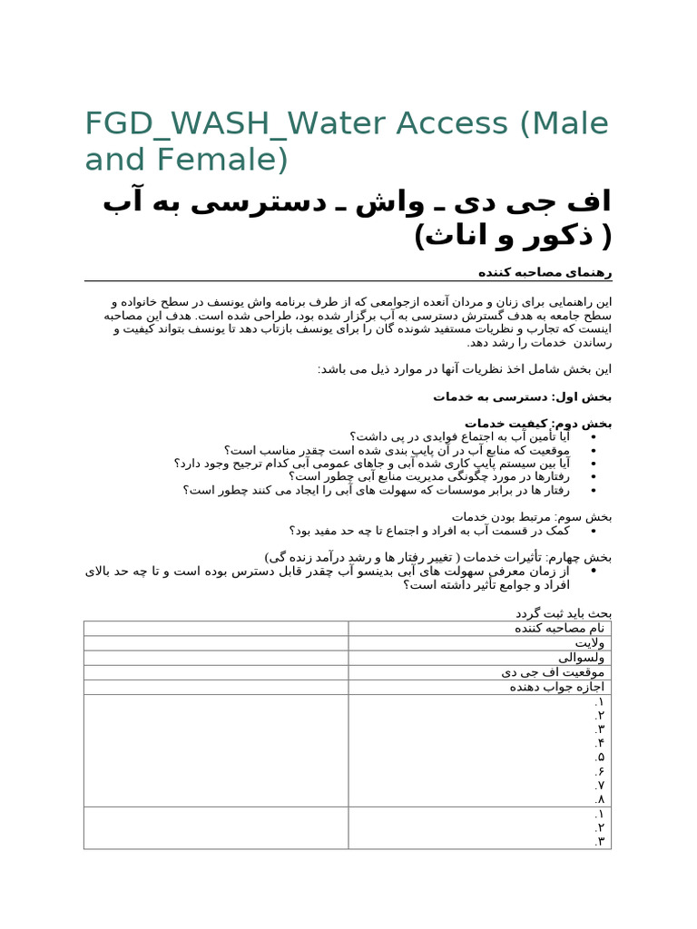 FGD - WASH - Water Access (Male and Female) Dari Translation 5 | PDF