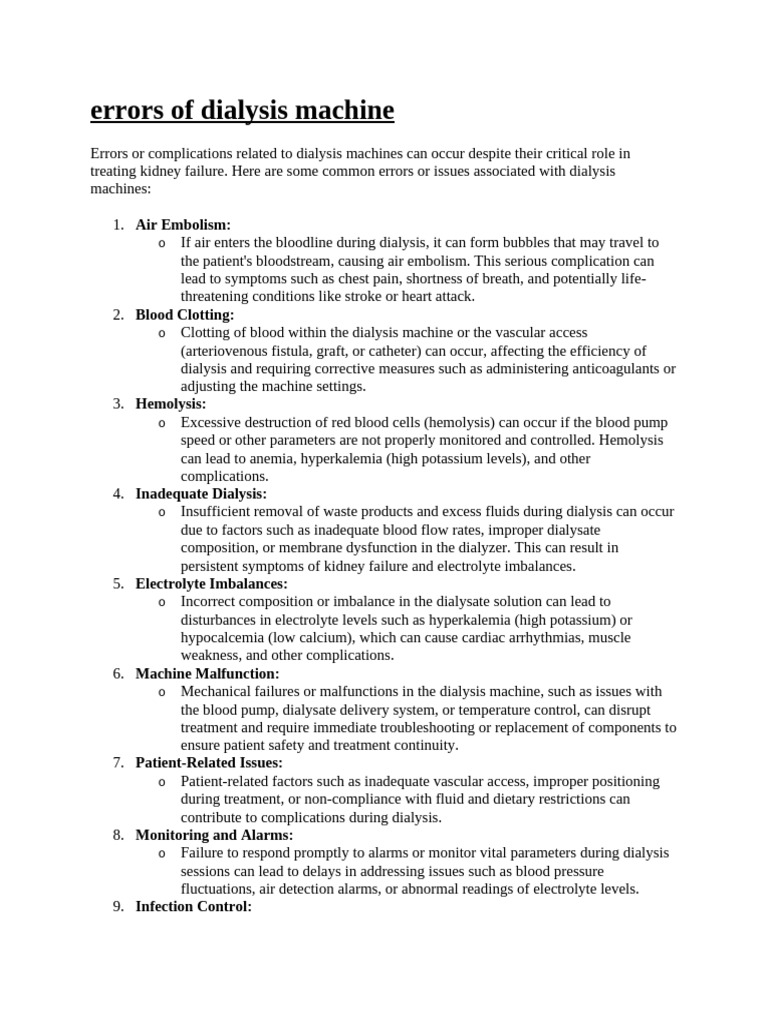 Common Dialysis Machine Errors | PDF | Hemodialysis | Clinical Medicine