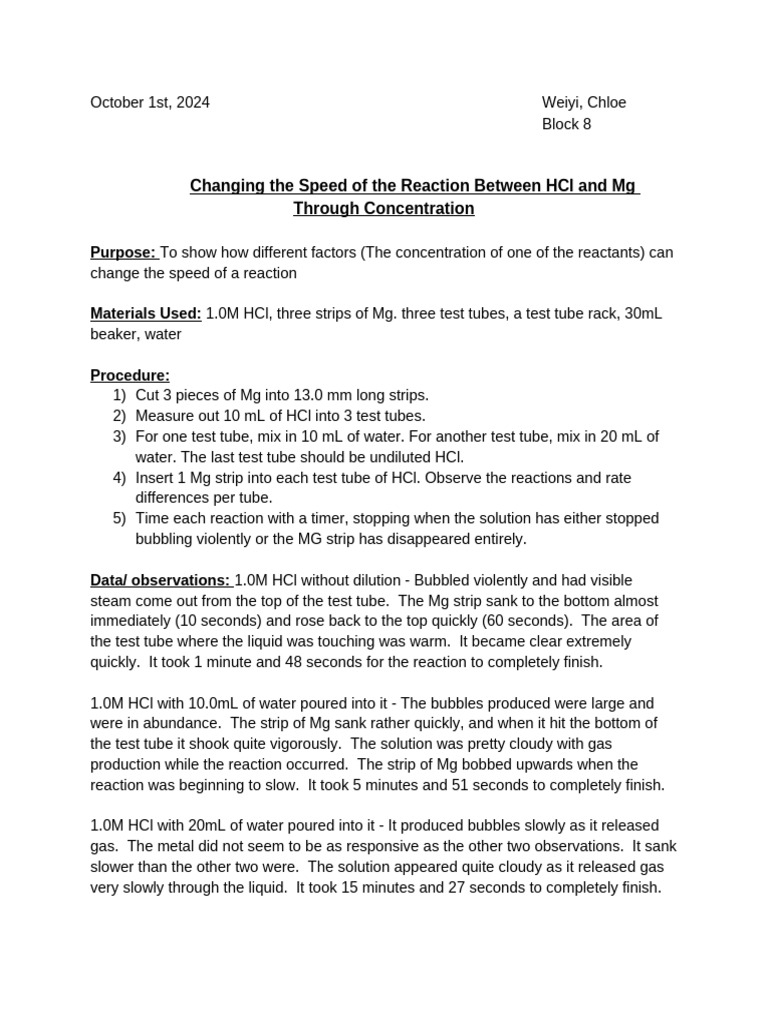 Lab Report HCL + MG | PDF | Reaction Rate | Chemical Reactions
