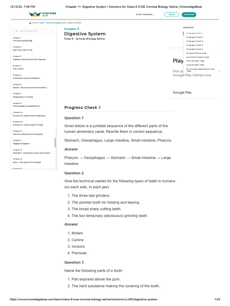 Chapter 11 - Digestive System - Solutions For Class 9 ICSE Concise ...
