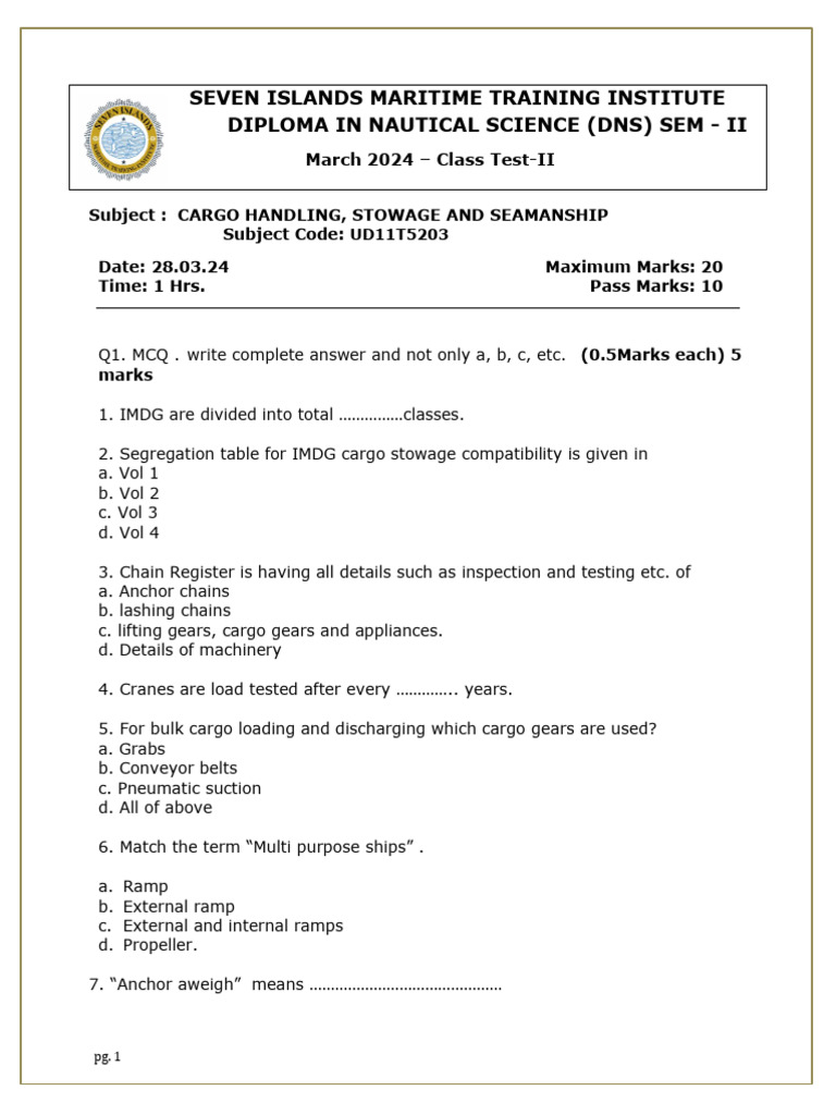 SEM II QP 28.03.2024 Cargo Handling Stowage and Seamanship | PDF | Science & Mathematics