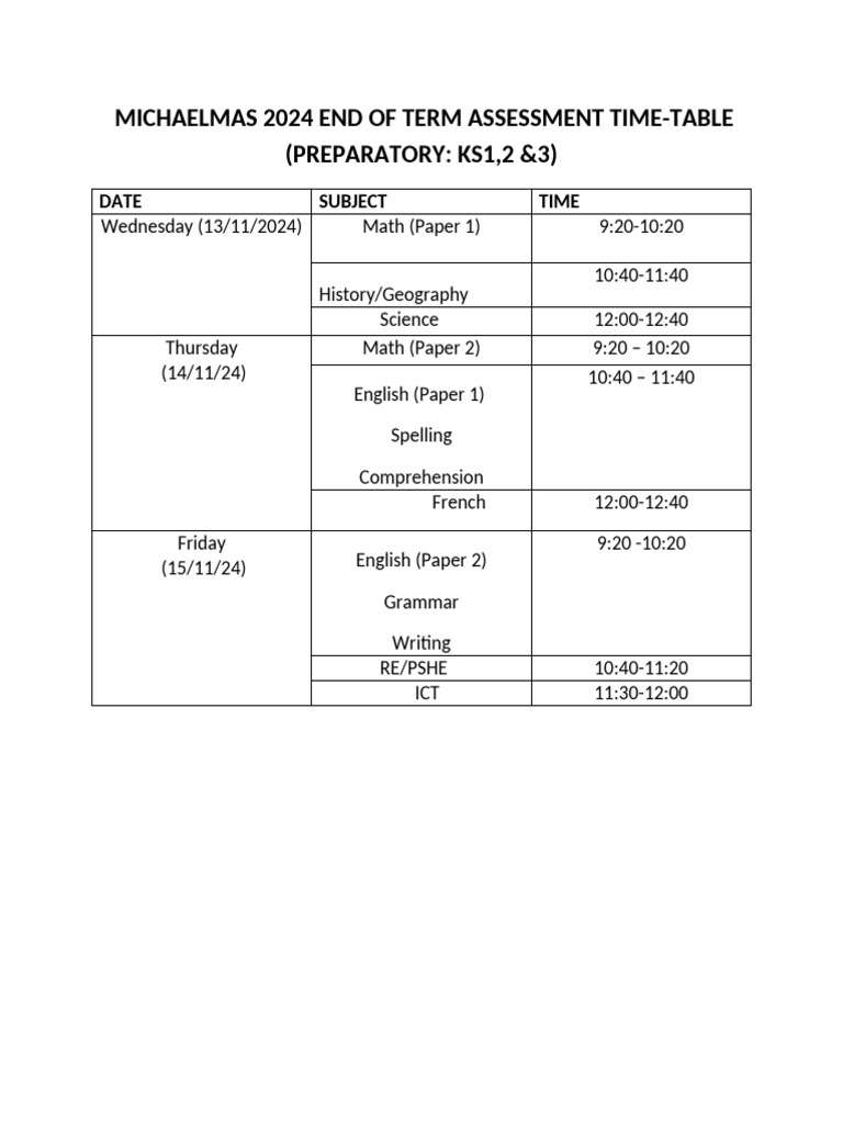 2023 End of Michaelmas Term Assessment Timetable (Prep) | PDF