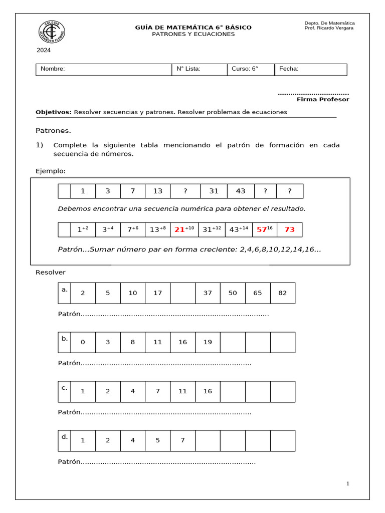 6BAS_Guía de Patrones y Ecuaciones | PDF | Matemáticas