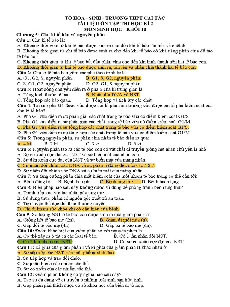 Tai Lieu On Tap Sinh 10 Hk2 Hs 2 | PDF