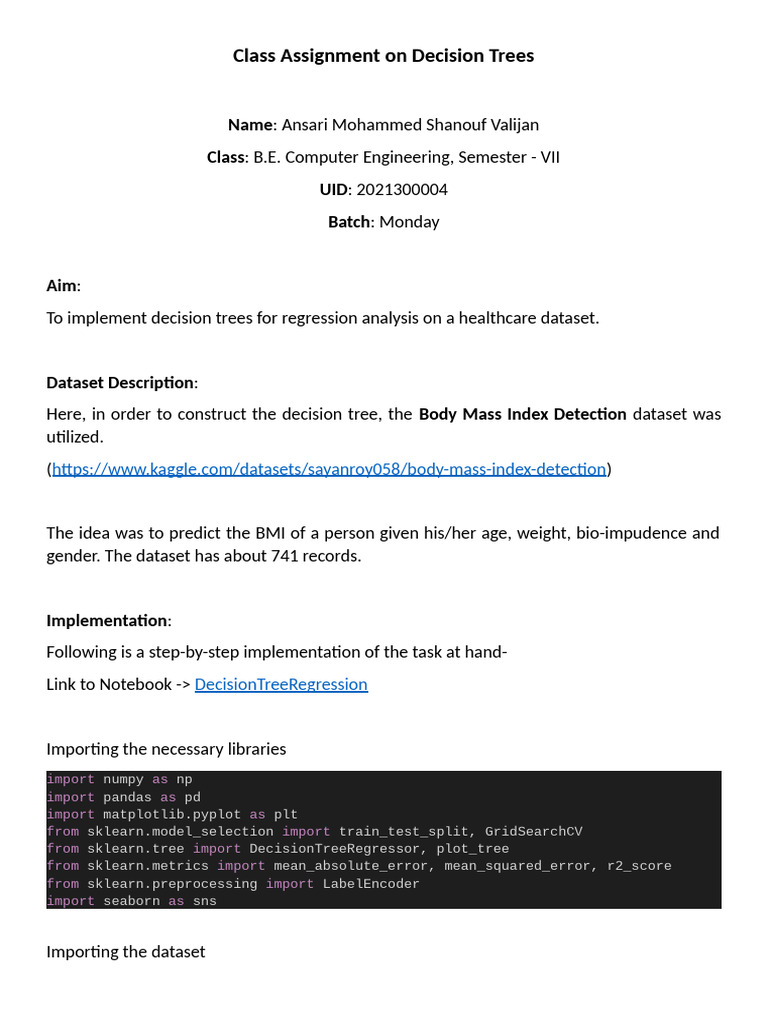 Class Assignment On Decision Trees | PDF | Mean Squared Error | Errors And Residuals