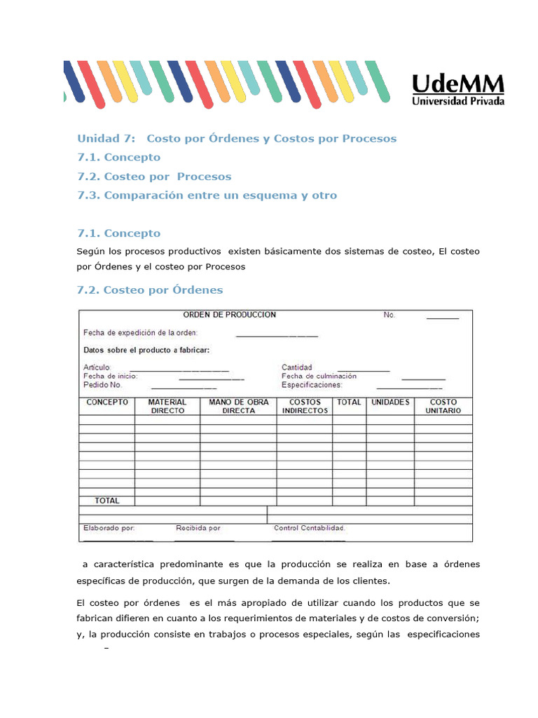 UNIDAD 7 - Costo Por Ordenes y Costos Por Procesos | PDF | Costo | Contabilidad