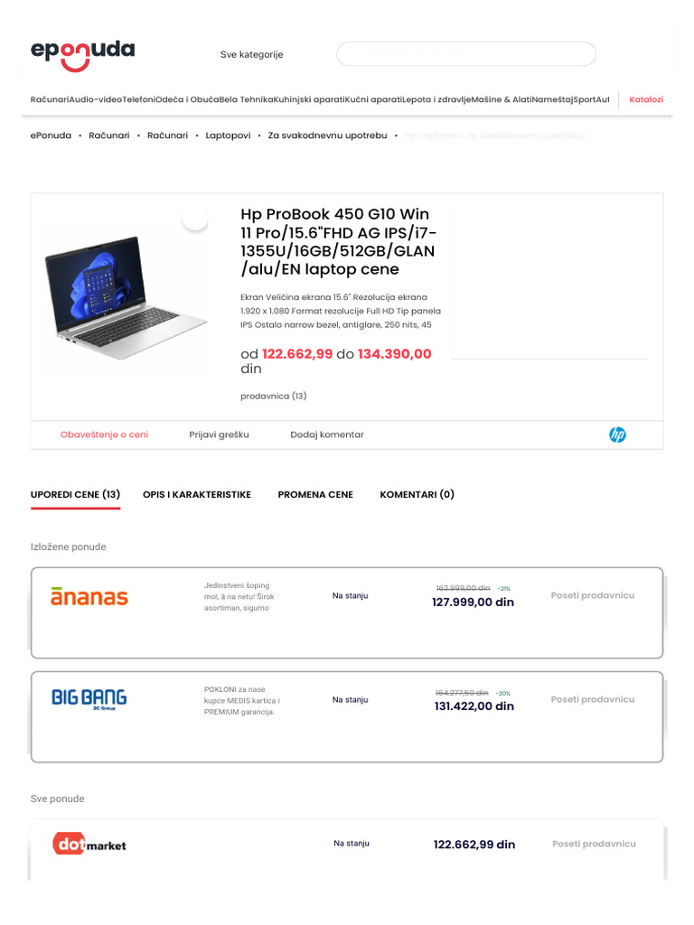 HP ProBook 450 G10 Win 11 Pro:15.6"FHD AG IPS:i7-1355U:16GB:512GB:GLAN ...