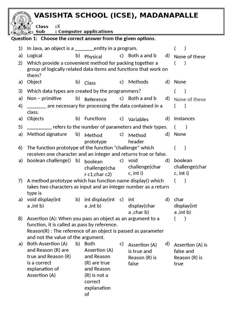 Java MCQs and Exercises for Class X | PDF | Class (Computer Programming ...