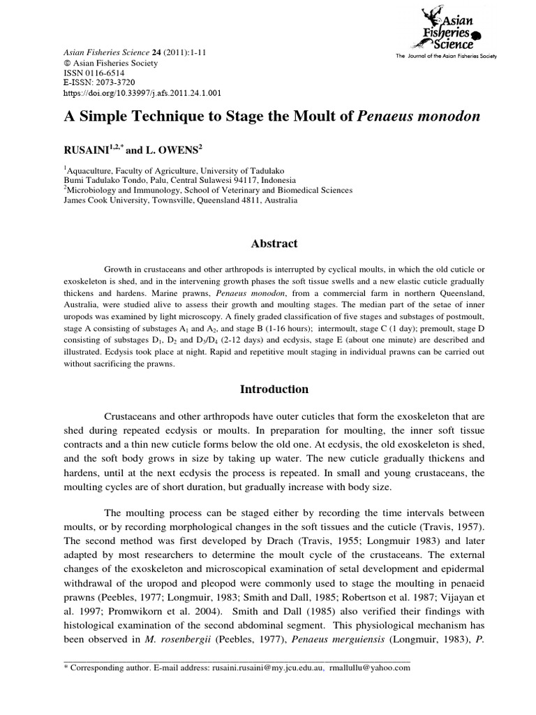 Staging Moult in Penaeus monodon Prawns | PDF | Science & Mathematics