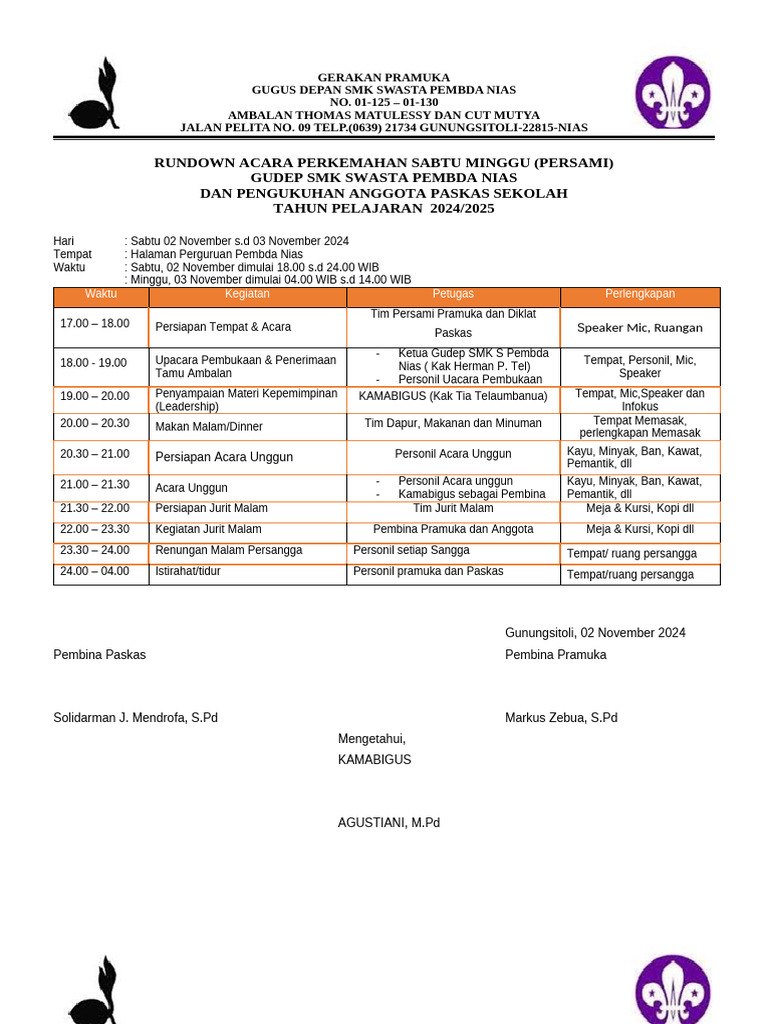 Rundown Acara Persami Dan Diklat Paskas November 2024 | PDF