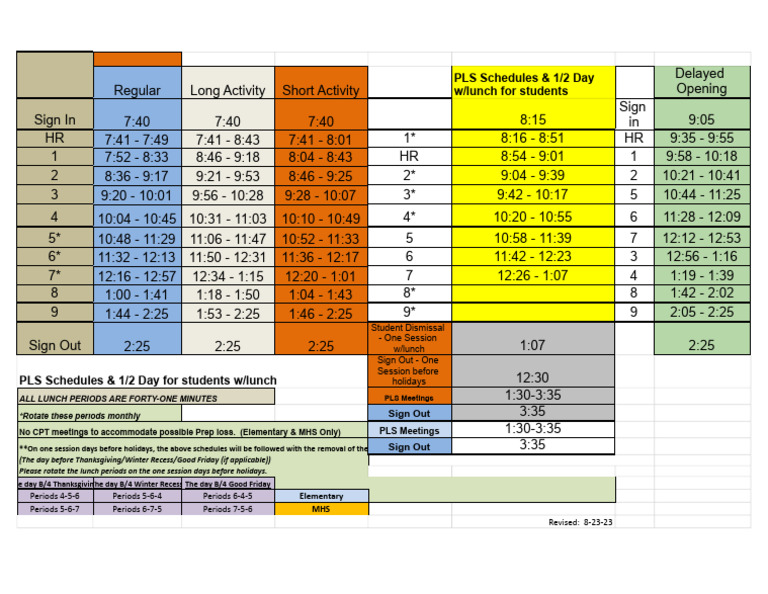 MHS Bell Schedule 2023-2024 - Regular Schedule | PDF