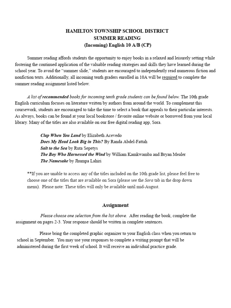 10 A-B (CP) Summer Reading | PDF | Language Arts & Discipline | General Fiction
