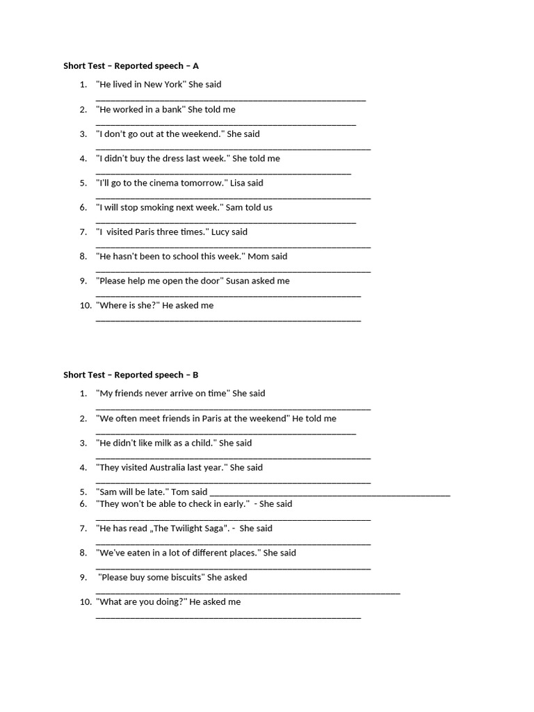 Reported Speech Short Test Exercises | PDF