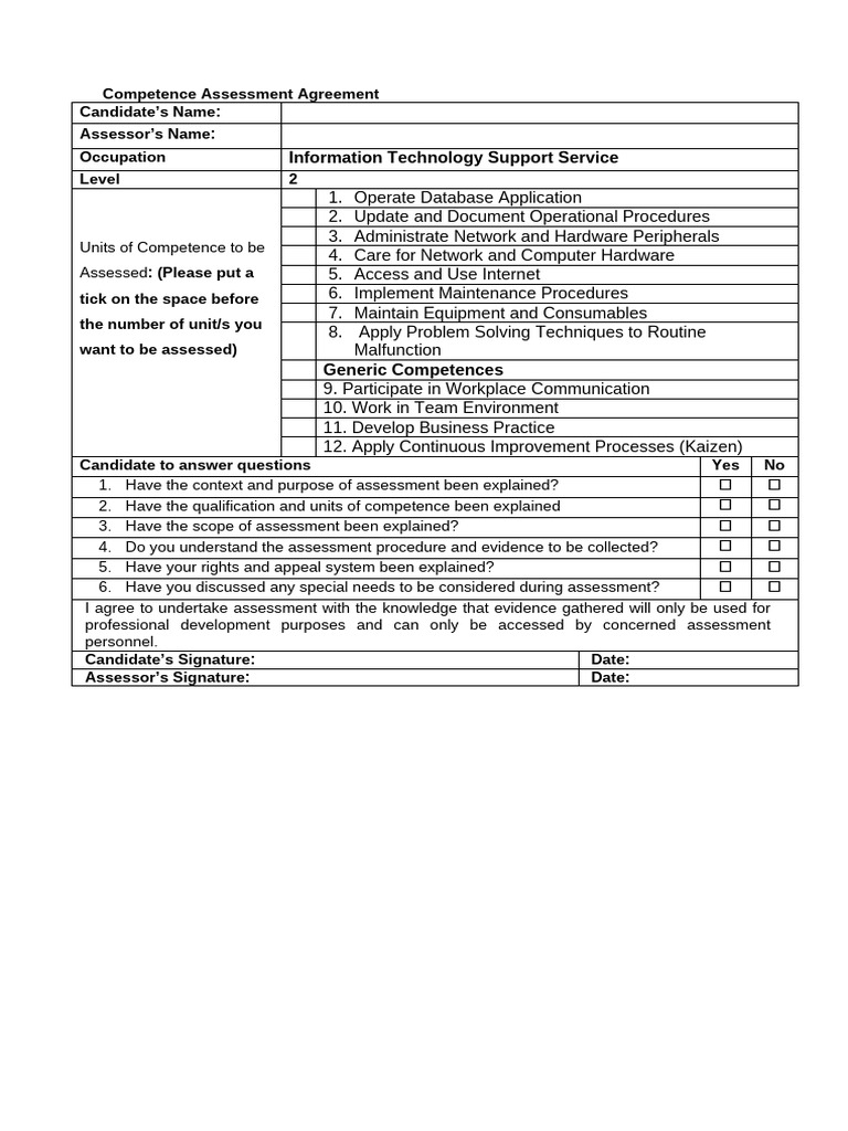 IT Support Competence Assessment Form | PDF