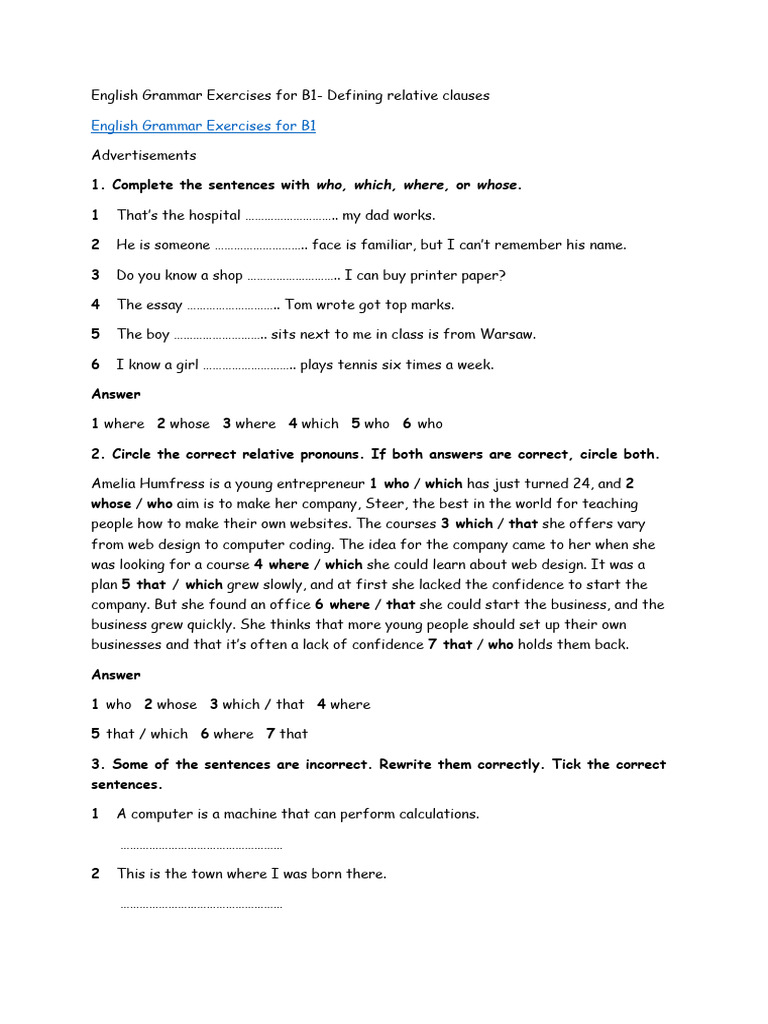 01 English Grammar Exercises For B1 Relative Pdf English Grammar