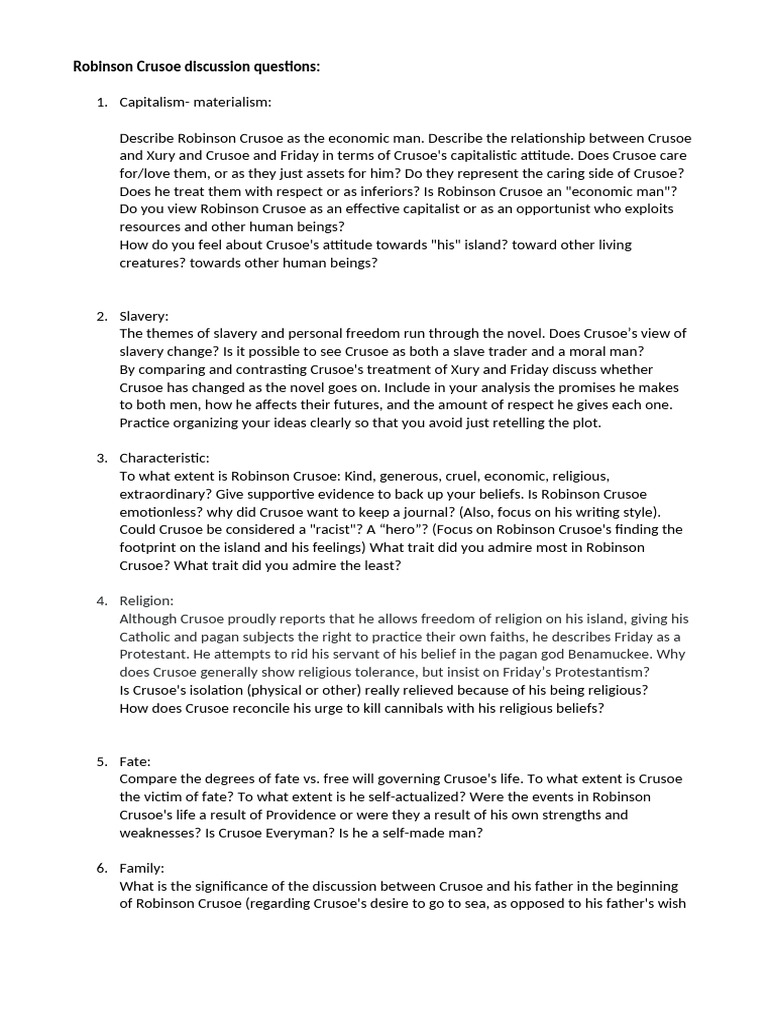 Robinson_Crusoe_discussion_questions | PDF | Robinson Crusoe | Capitalism