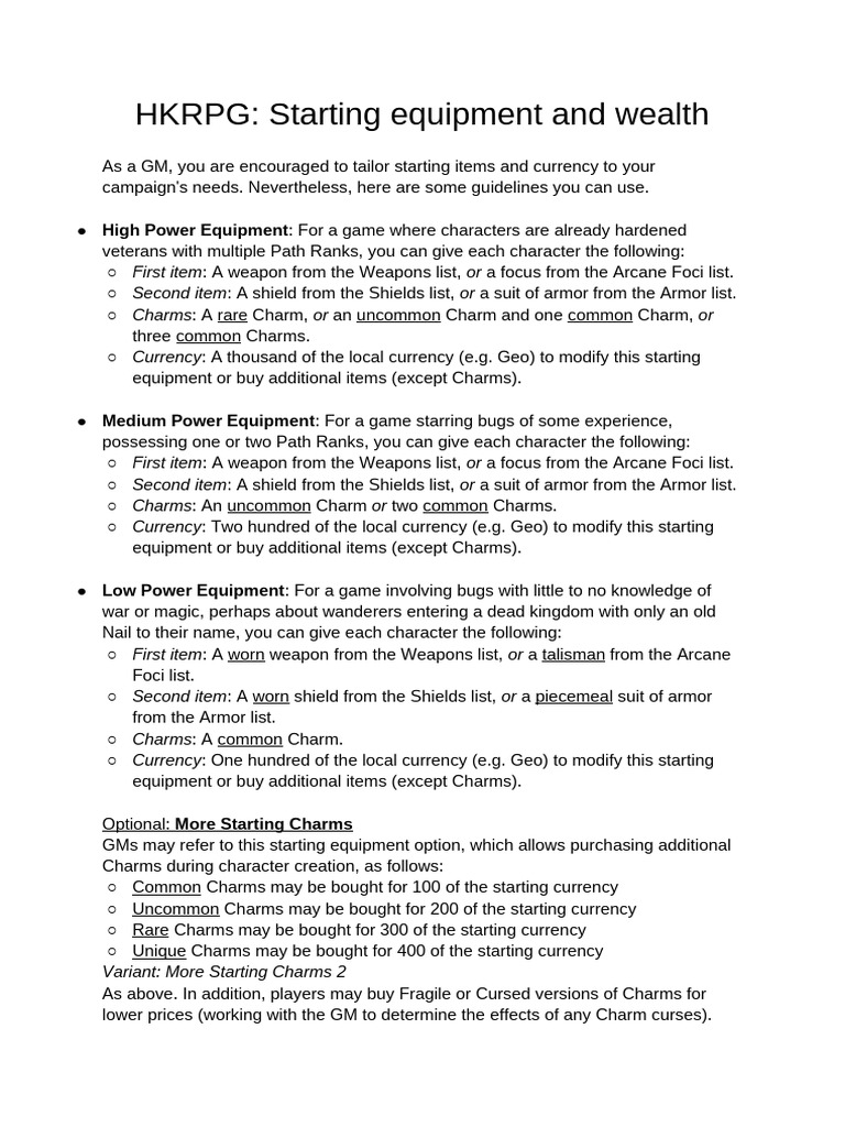 HKRPG - Starting Equipment and Wealth | PDF