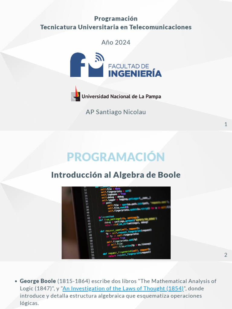 Introducción Algebra de Boole - Programación. Tecnicatura Universitaria Telecomunicaciones | PDF ...