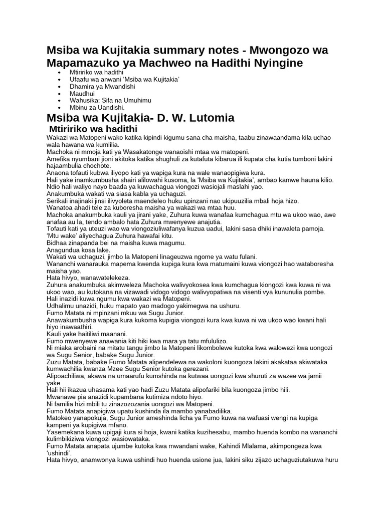 Msiba Wa Kujitakia Summary Notes - Mwongozo Wa Mapamazuko Ya Machweo Na ...
