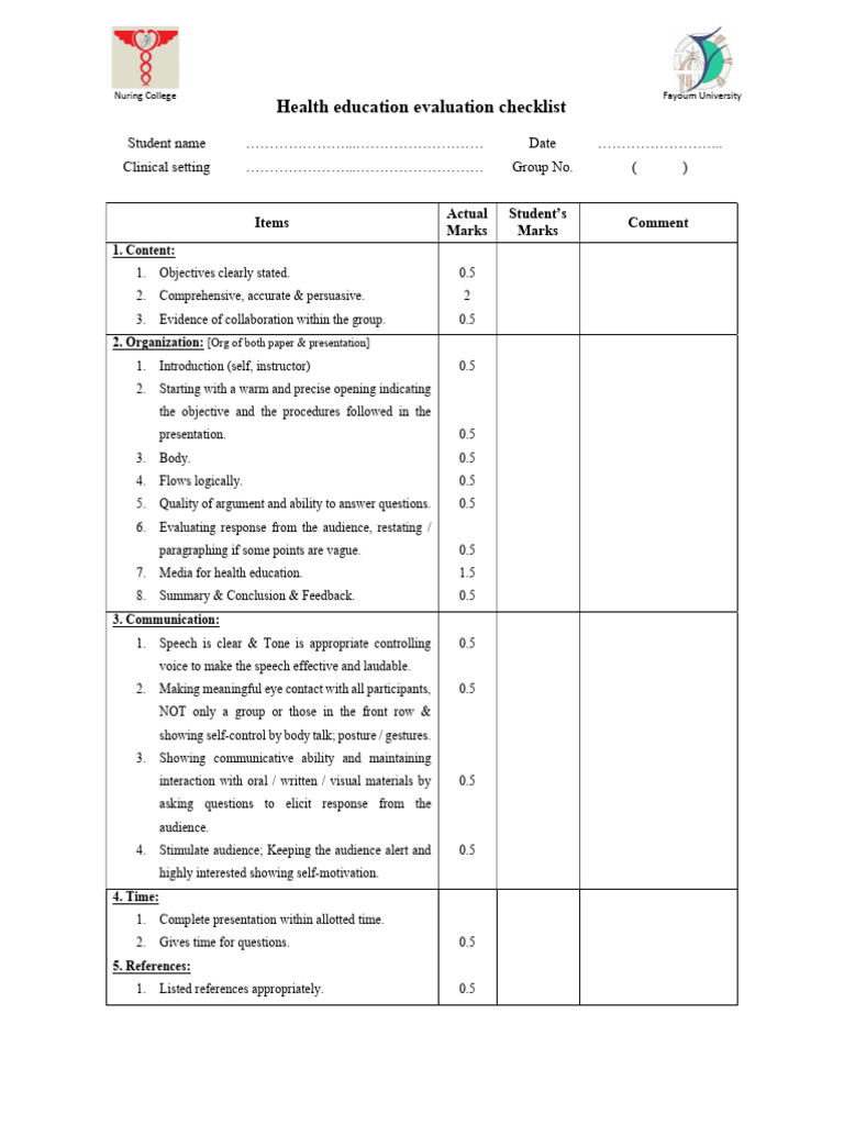 Health Education Evaluation Checklist | PDF | Human Communication ...