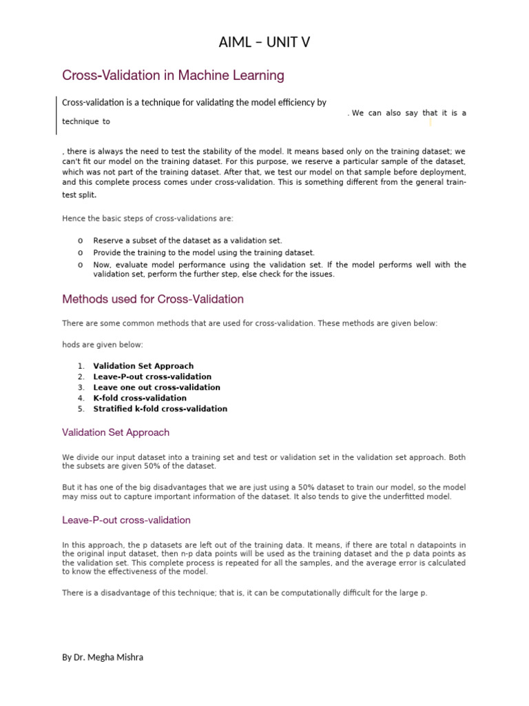 Unit V | PDF | Receiver Operating Characteristic | Cross Validation (Statistics)