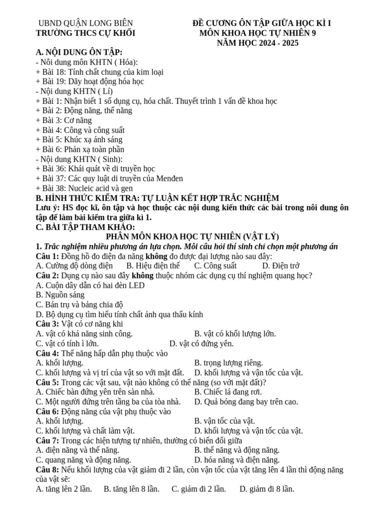 De Cuong KHTN 9 Gki 20242025 - 291020240 | PDF