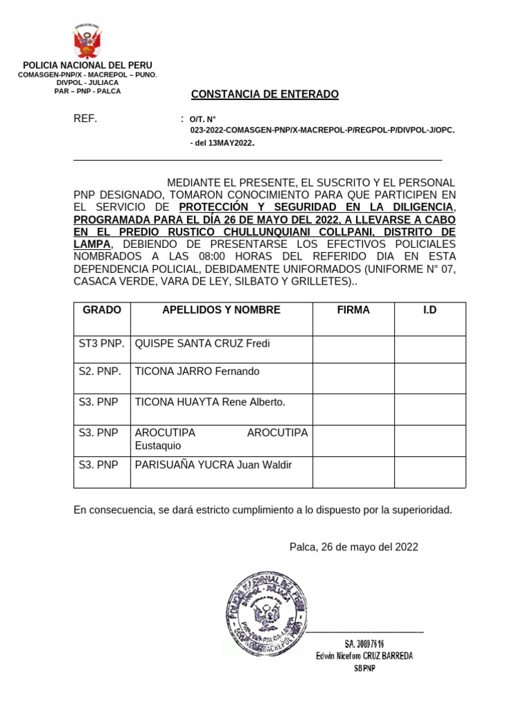 Constancia de Enterado Del Comisario y Opc Del Par PNP Palca | PDF