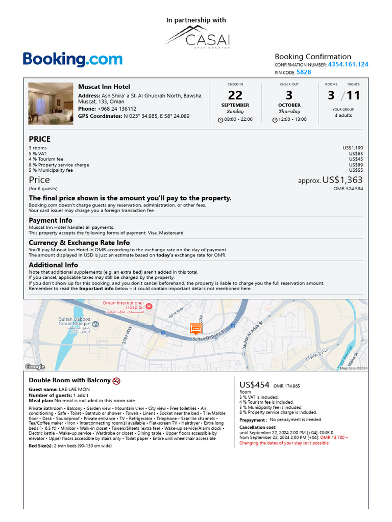 Muscat Inn Hotel Booking Confirmation | PDF | Payments | Fee