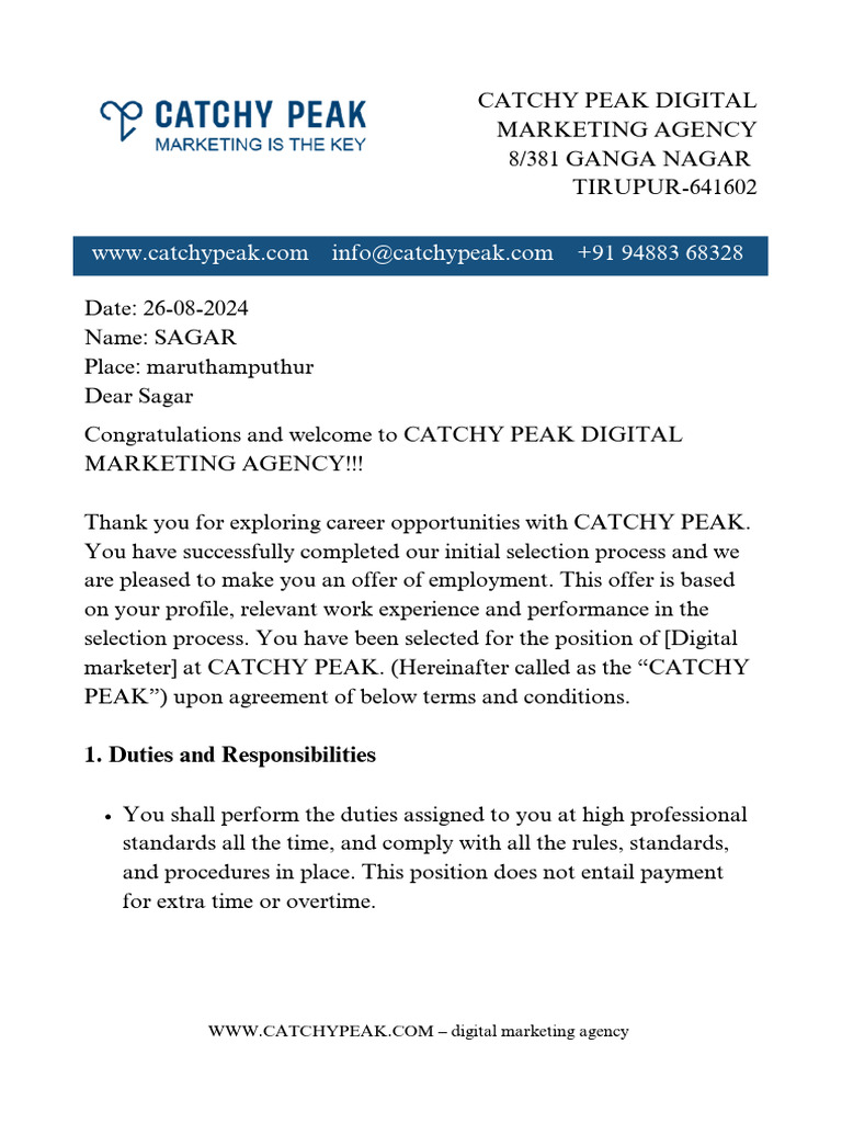 Catchy Peak Offer Letter (Sagar) | PDF | Salary | Employment