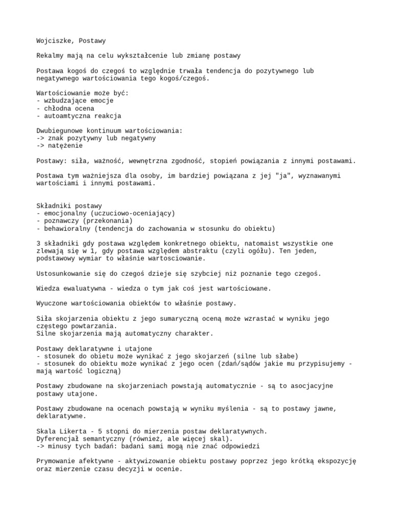 Postawy Wojciszke Notatka | PDF