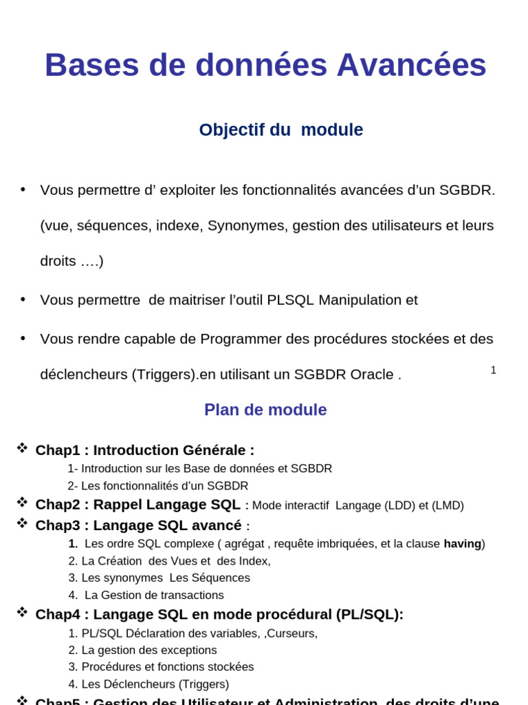 Bases de données avancées et PLSQL | PDF | Bases de données | Base de données relationnelle