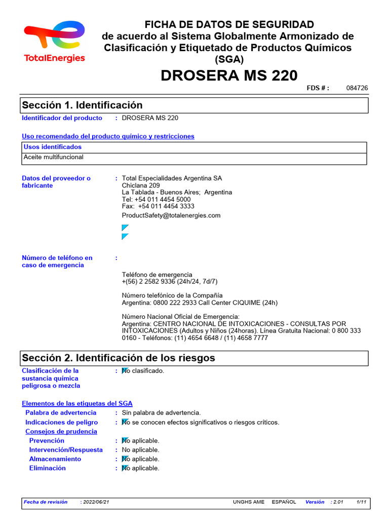 SDS Drosera MS 220 | PDF | Agua | Solubilidad