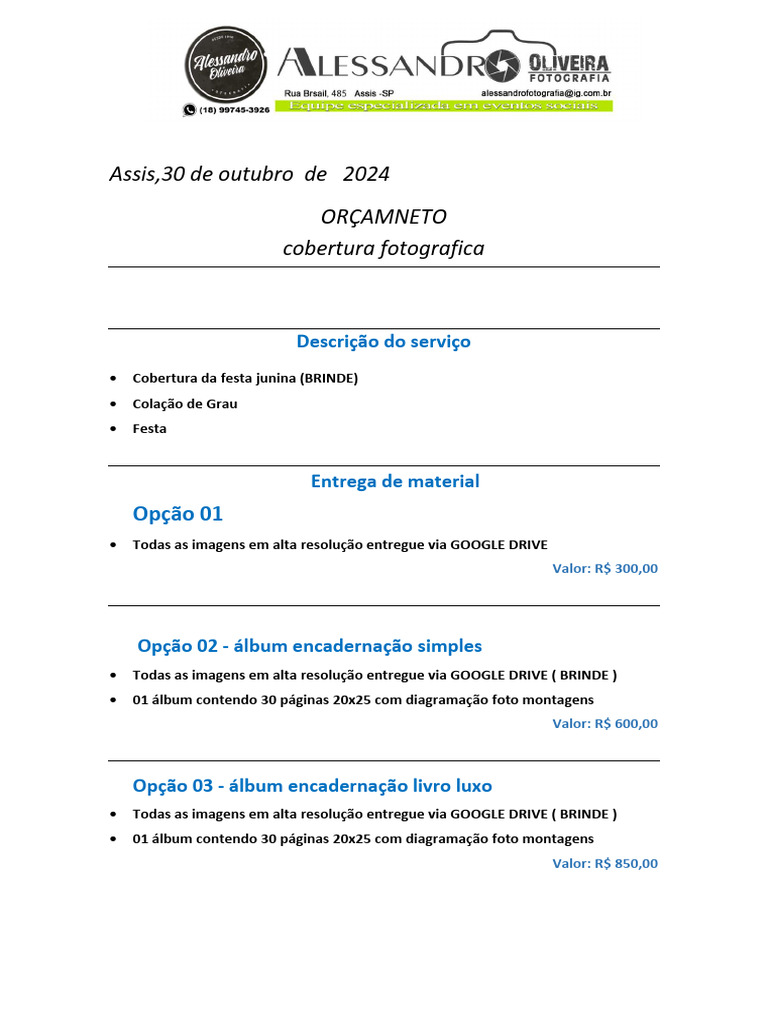 Orçamento Formatura COC 2024 | PDF