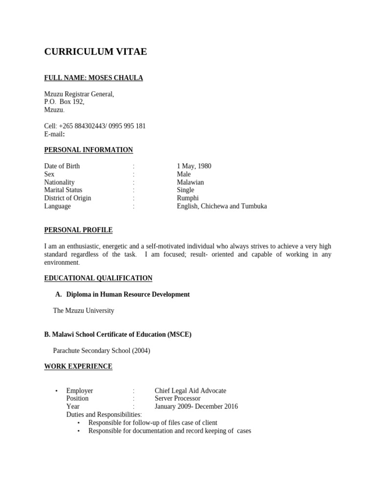 Moses Chaula Vinkhumbo CV | PDF | Career & Growth | Wellness
