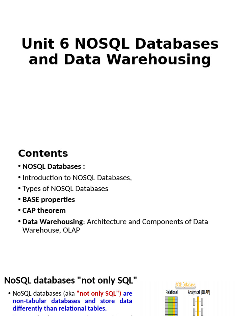 Unit 6 NOSQL Databases and Data Warehousing | PDF | No Sql | Data Warehouse