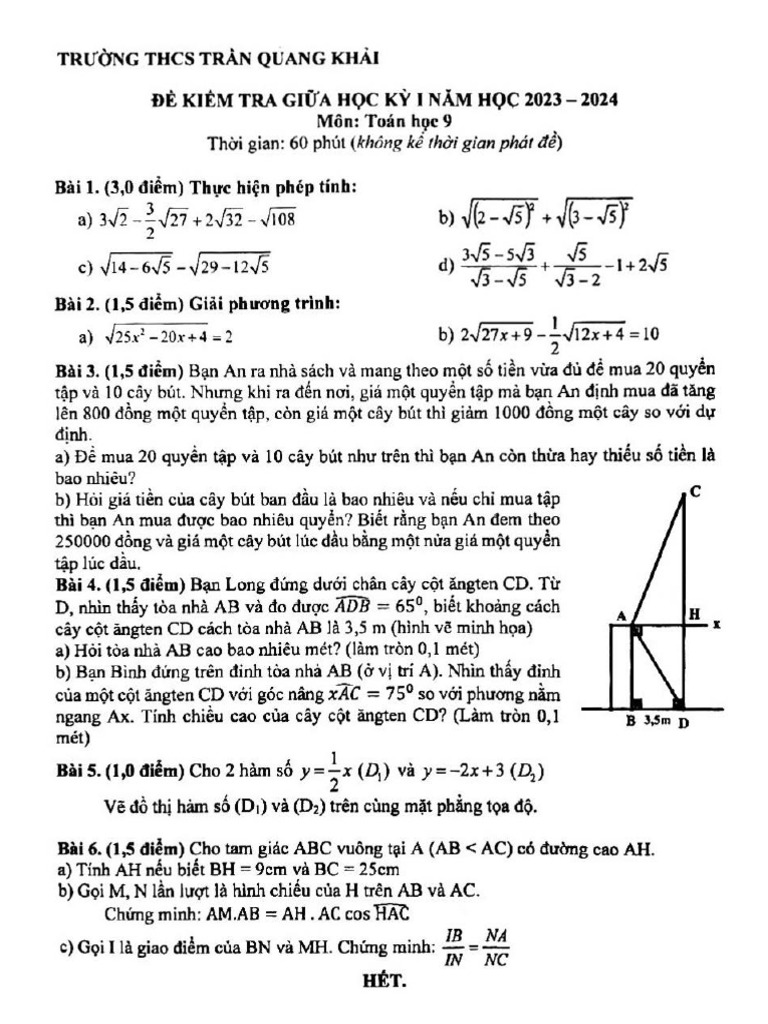 De Giua Ky 1 Toan 9 Nam 2023 2024 Truong Thcs Tran Quang Khai TP HCM | PDF