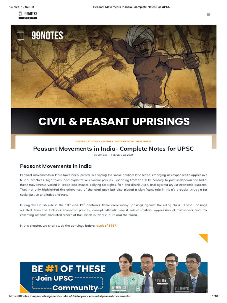 Peasant Movements in India - Complete Notes For UPSC | PDF