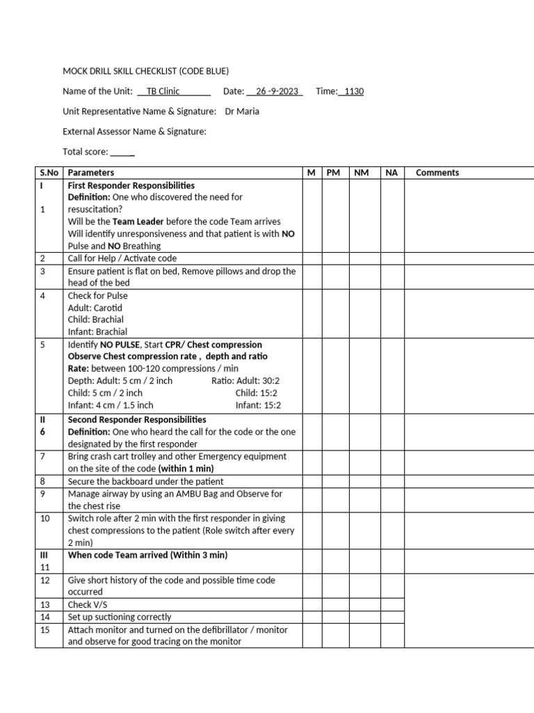 Code Blue Mock Drill Checklist | PDF | Cardiopulmonary Resuscitation ...