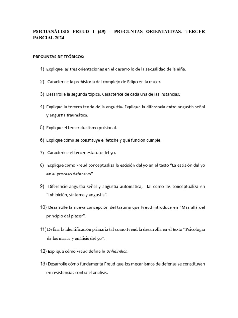 PREGUNTAS ORIENTATIVAS TERCER PARCIAL | PDF | Sigmund Freud | Complejo de Edipo