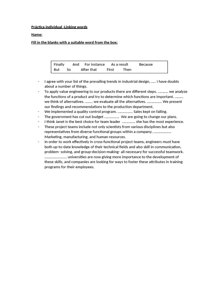 Linking Words Practice Exercise | PDF
