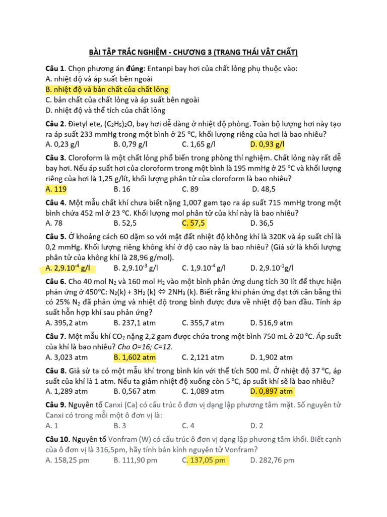 Bai Tap Trac Nghiem - Chuong 3 - TT Vat Chat | PDF