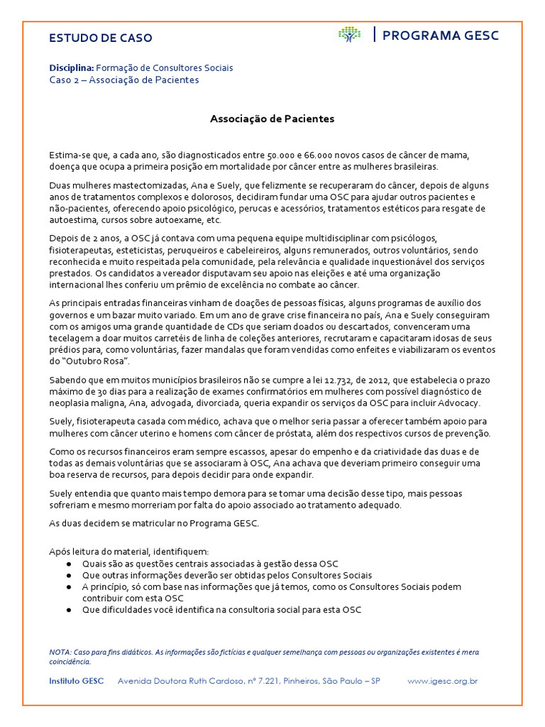 Estudo de Caso - Caso 2 - Assoc Pacientes | PDF | Câncer | Medicina Clínica